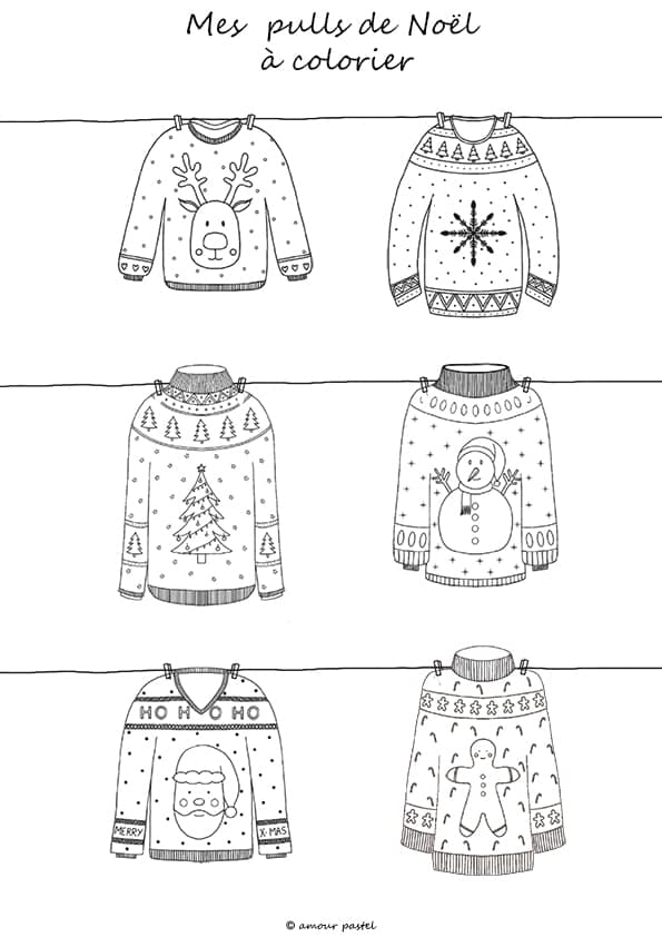 Coloriage pull de Noël pour enfant - amour pastel